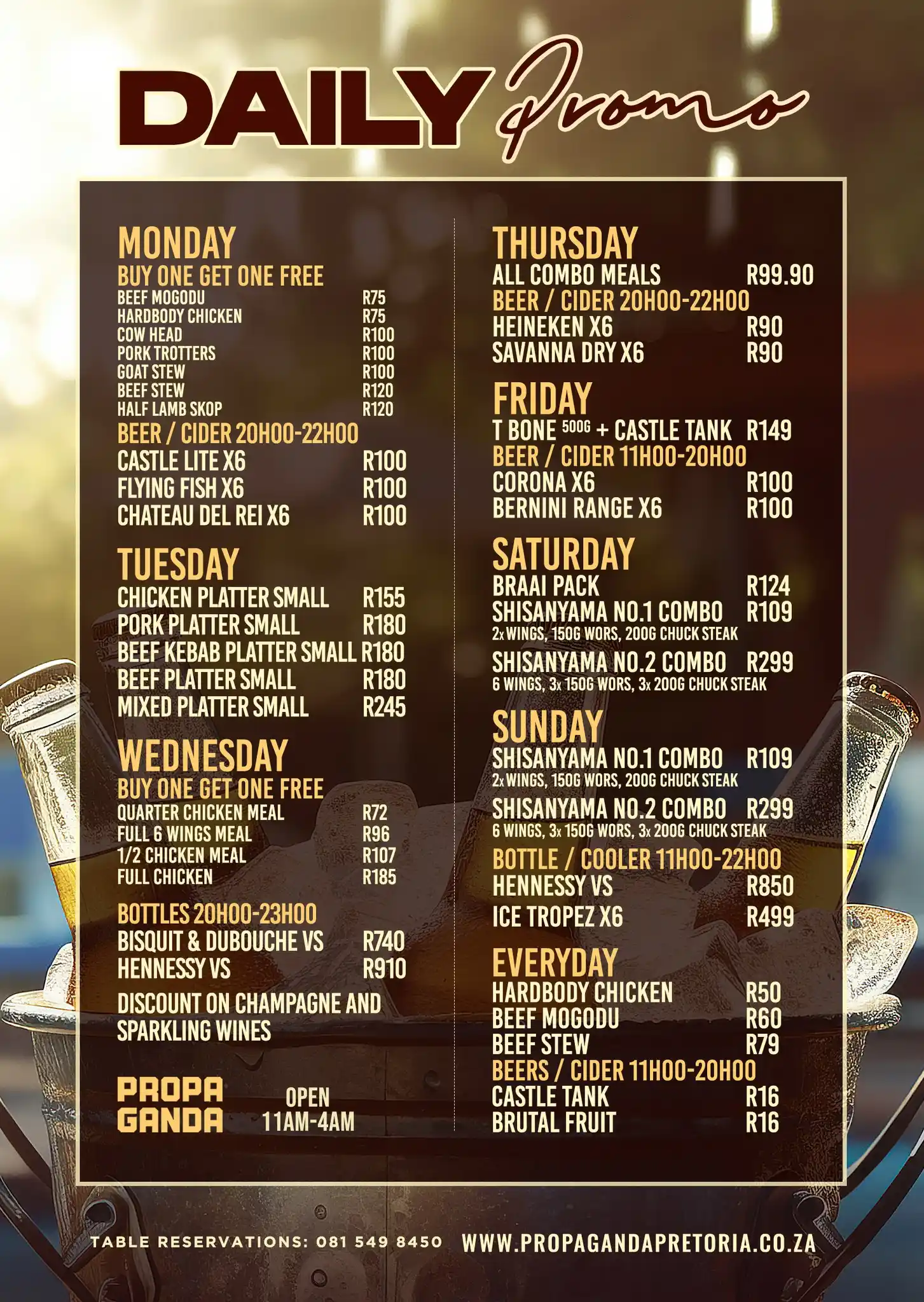 Propaganda Pretoria Menu With Latest Prices South Africa