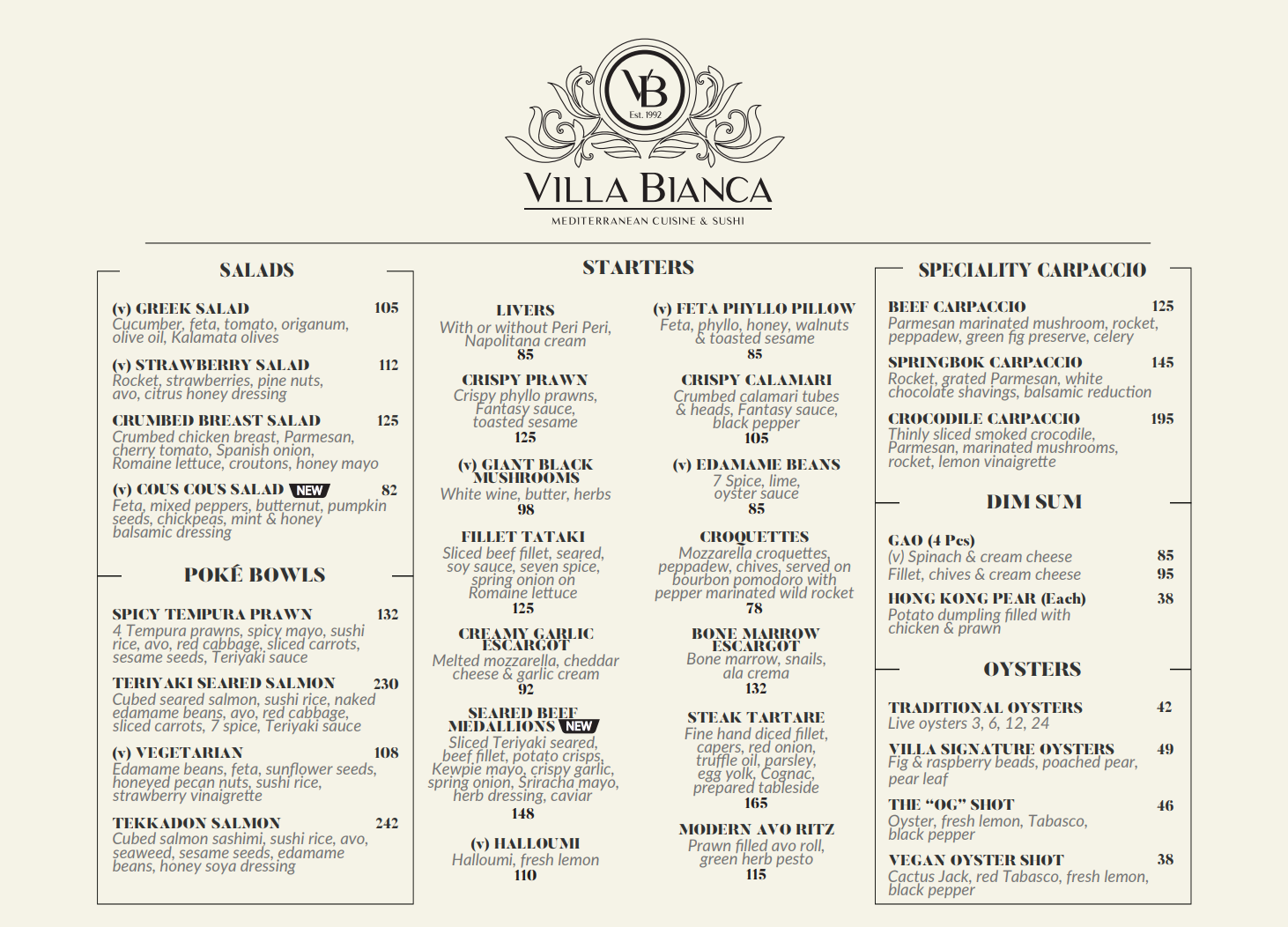 Villa Bianca Menu With Latest Prices 2024